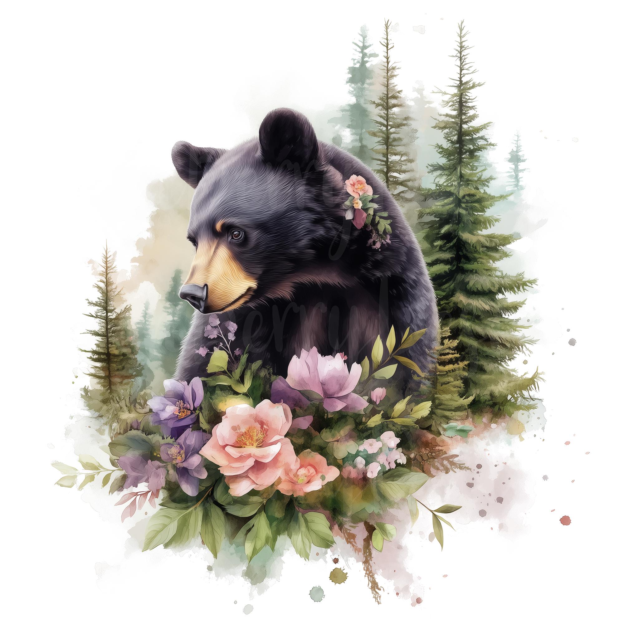 Black Bear Clipart, Set of 23 PNG Watercolor Clip Art Bundle, Pine Tree ...