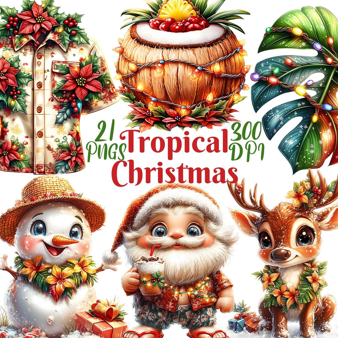 Tropical Christmas Clipart, Set of 21 PNG Bundle 300 DPI Clip Art ...