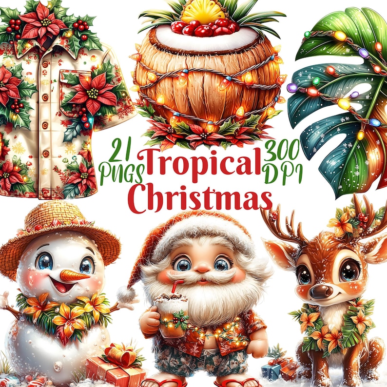 Tropical Christmas Clipart, Set of 21 PNG Bundle 300 DPI Clip Art ...