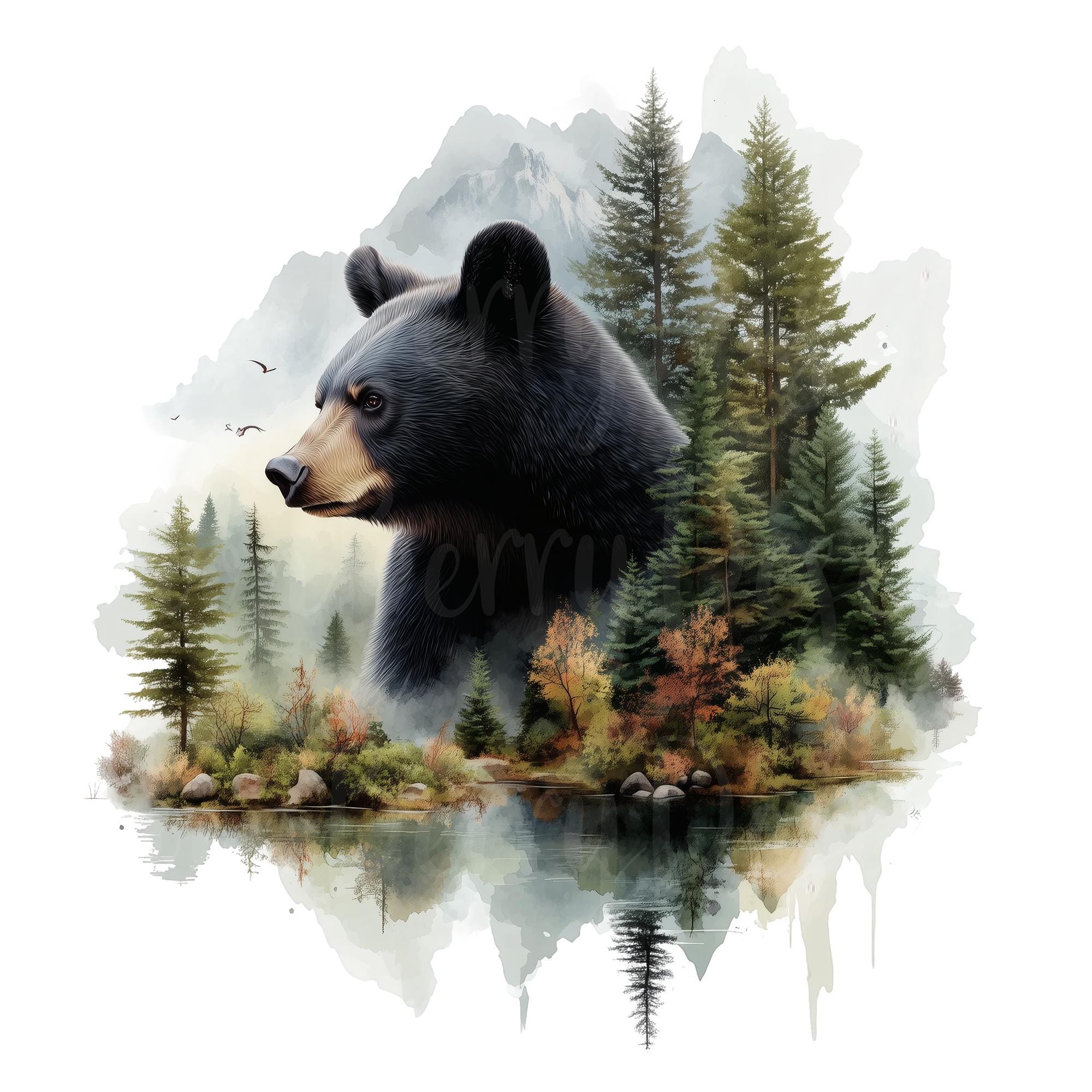 Black Bear Clipart, Set of 23 PNG Watercolor Clip Art Bundle, Pine Tree ...