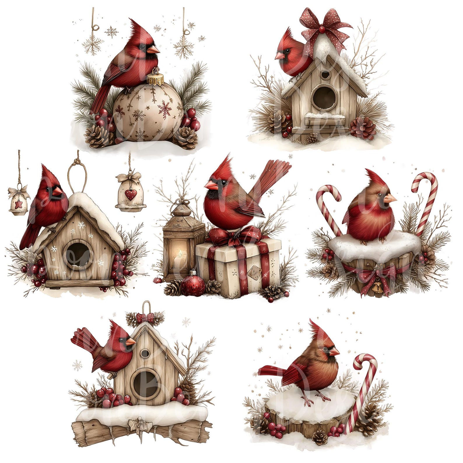 Cardinal Clipart, Set of 34 PNG Bundle, 300 DPI Clip Art, Christmas ...