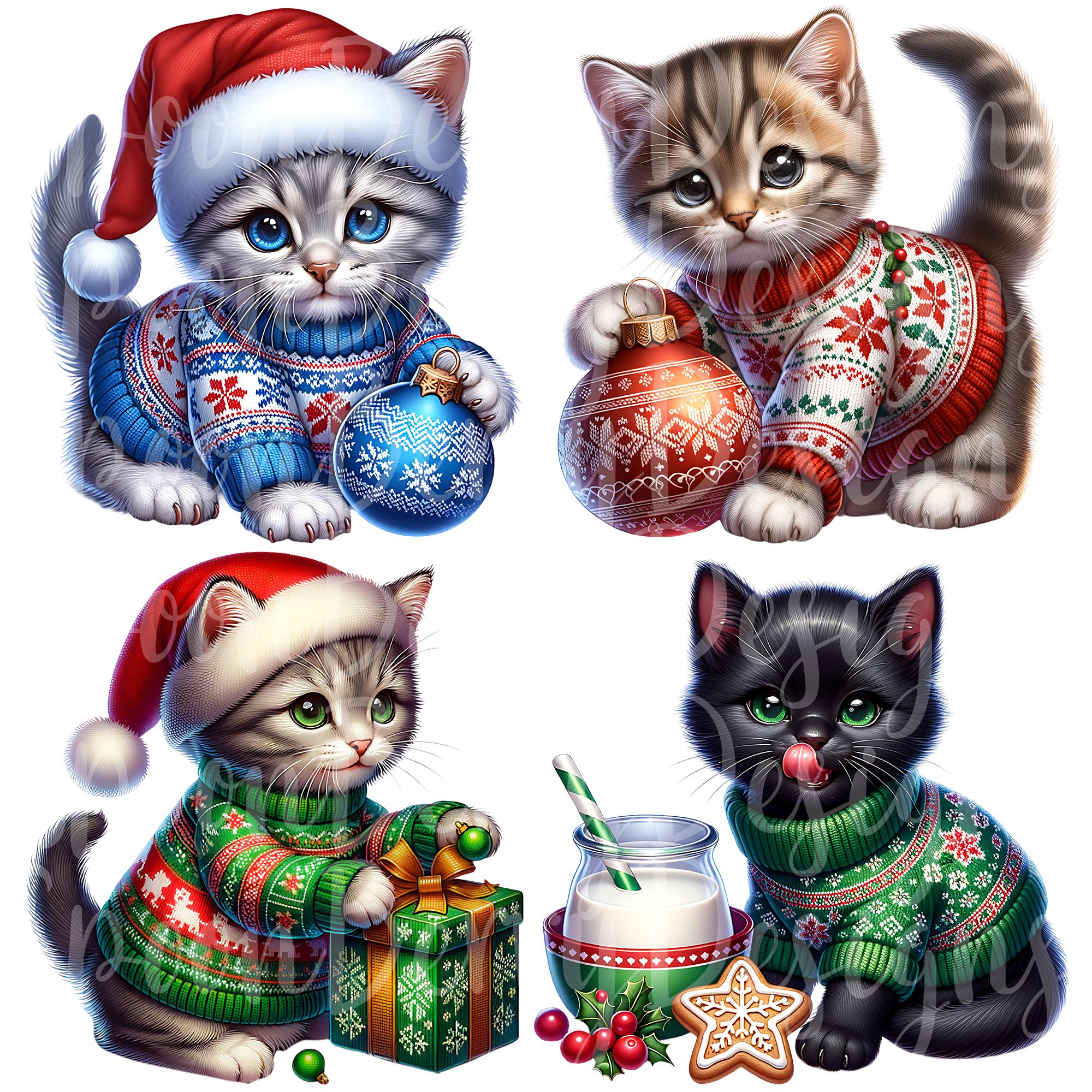 Christmas Kittens Clipart, Set of 15 PNG Bundle, 300 DPI Clip Art ...