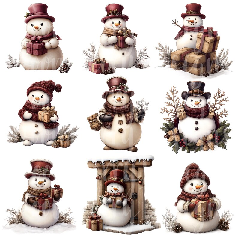 Snowman Clipart, Set of 20 PNG Bundle, 300 DPI Clip Art, Winter Snow ...