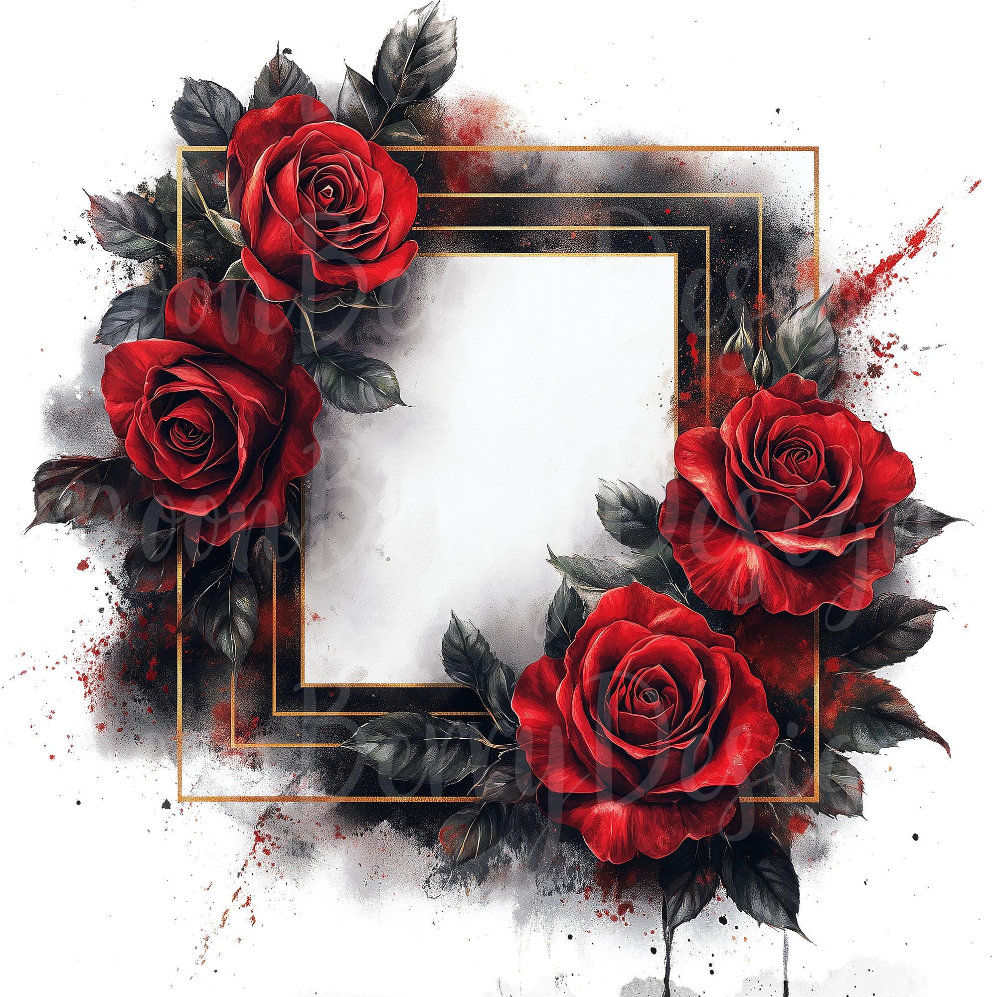 Red Rose Frame Clipart, Set of 15 PNG Bundle, Gold Frame Clip Art, Red ...