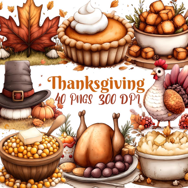 Thanksgiving Clipart, Set of 40 PNG Bundle, 300 DPI Clip Art ...