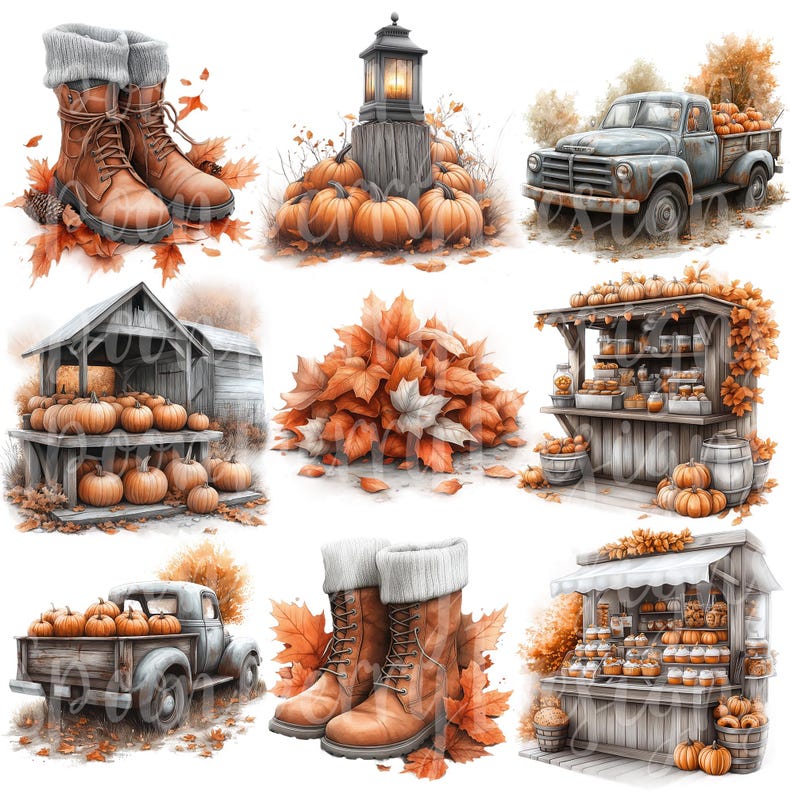 A Day at the Pumpkin Farm Clipart, Set of 43 PNG Bundle, 300 DPI Clip ...