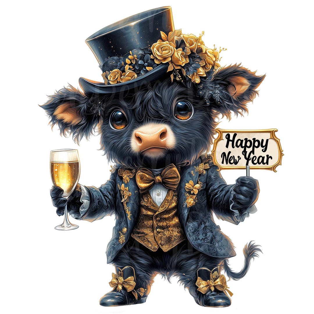 New Years Highland Cow Clipart, Set of 10 PNG Bundle, 300 DPI Clip Art ...