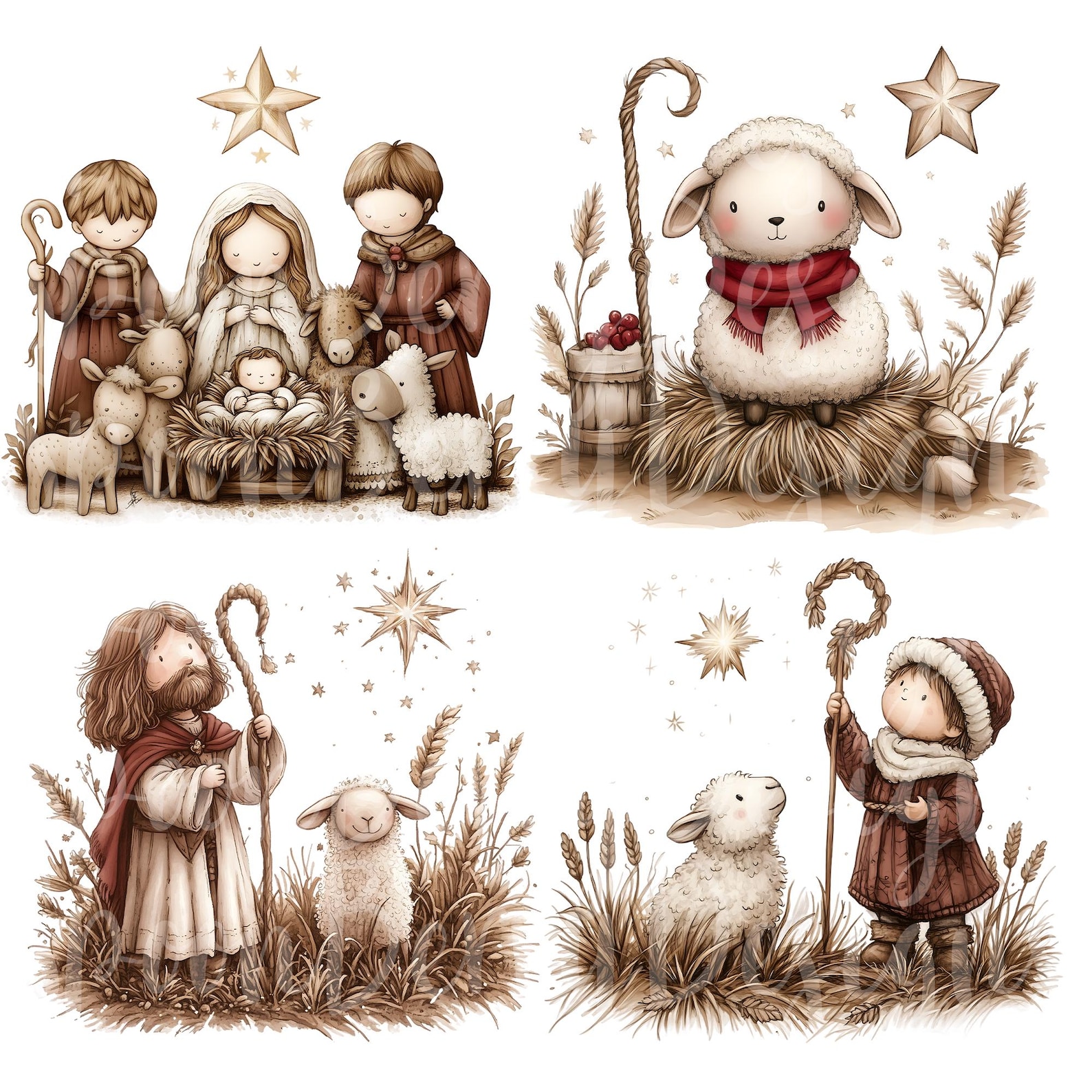 Nativity Clipart, Set of 24 PNG Bundle, 300 DPI Clip Art, Watercolor ...