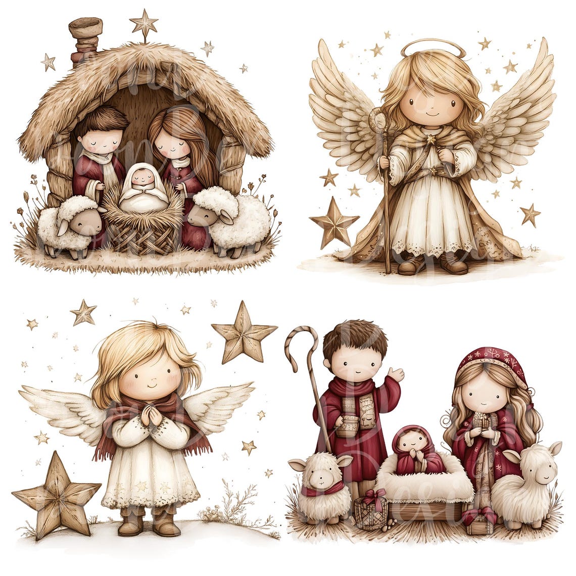 Nativity Clipart, Set of 24 PNG Bundle, 300 DPI Clip Art, Watercolor ...
