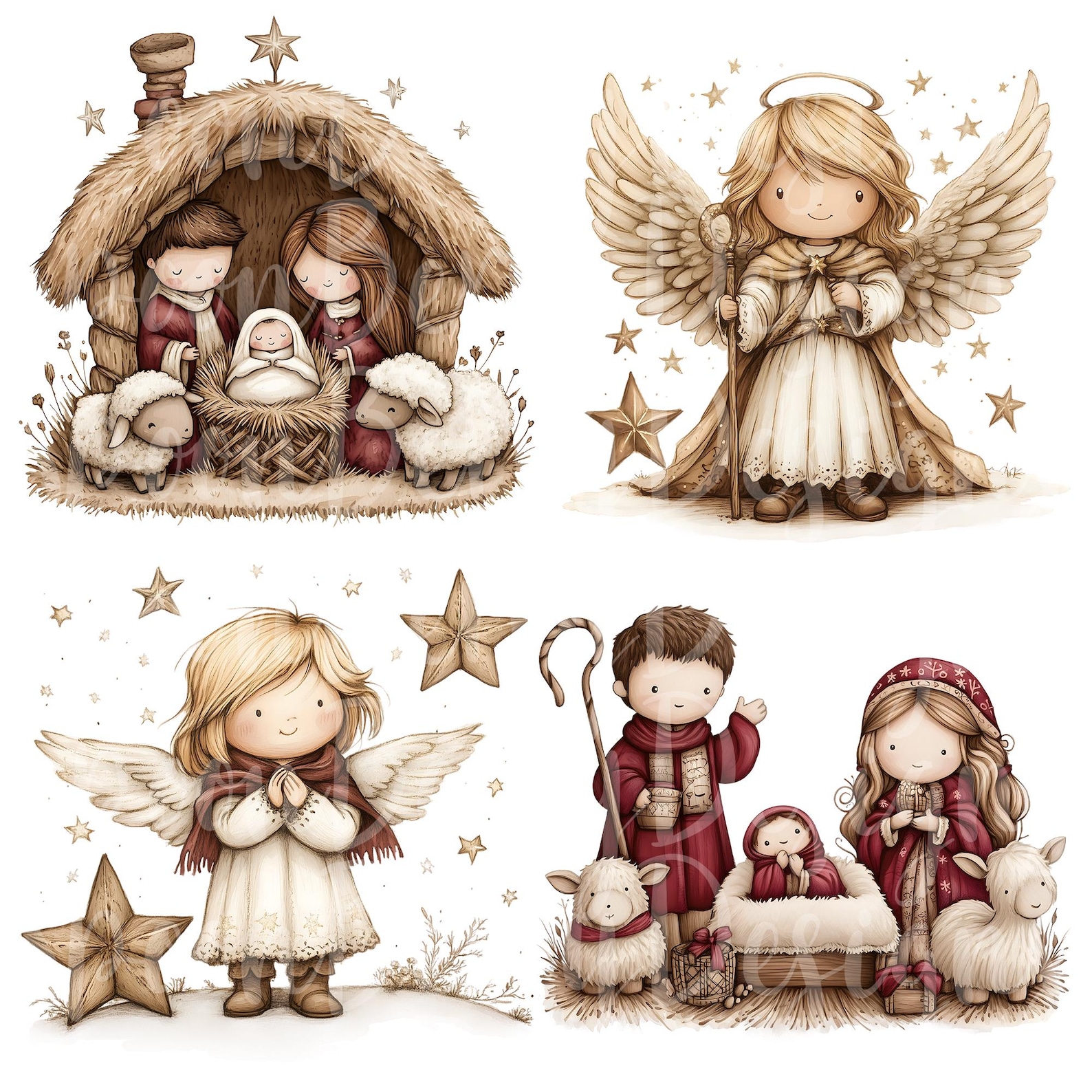 Nativity Clipart, Set of 24 PNG Bundle, 300 DPI Clip Art, Watercolor ...