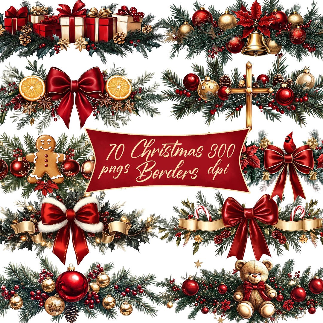 Christmas Garland Borders Clipart, Set of 70 PNG Festive Transparent ...