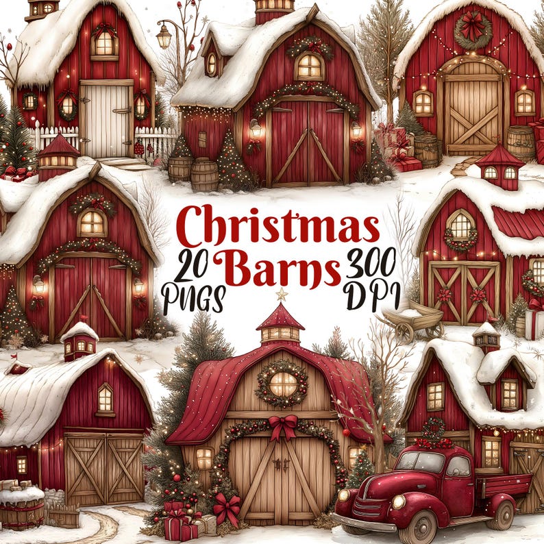Christmas Red Barn Clipart, Set of 20 PNG Bundle, 300 DPI Clip Art ...