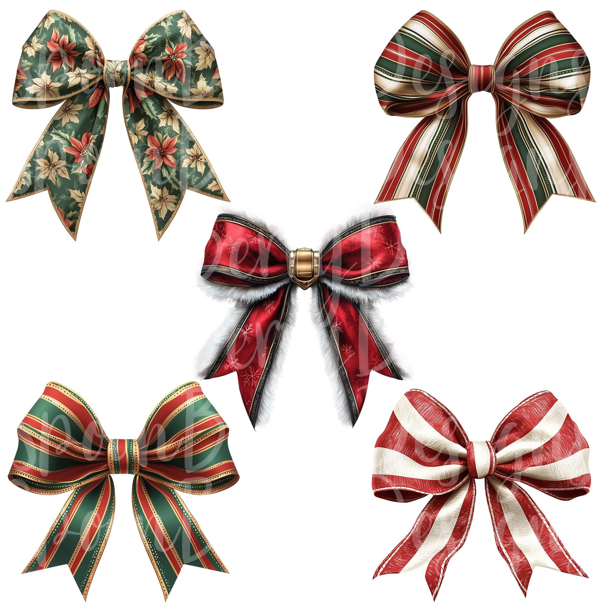 Christmas Bows Clipart, Set of 25 PNG Bundle, 300 DPI Clip Art, Winter ...