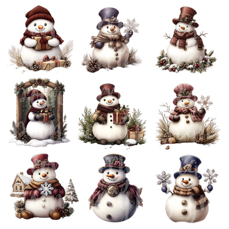 Snowman Clipart, Set of 20 PNG Bundle, 300 DPI Clip Art, Winter Snow ...