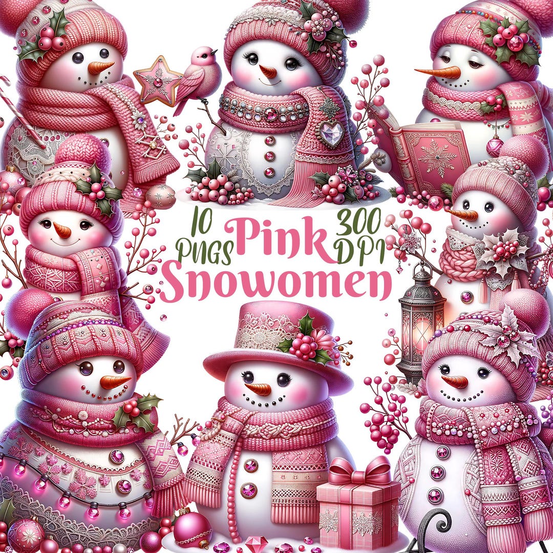 Pink Snowoman Clipart, Set of 10 PNG Bundle, 300 DPI Clip Art, Winter ...