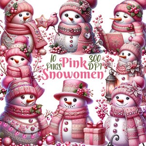 Pink Snowoman Clipart, Set of 10 PNG Bundle, 300 DPI Clip Art, Winter ...