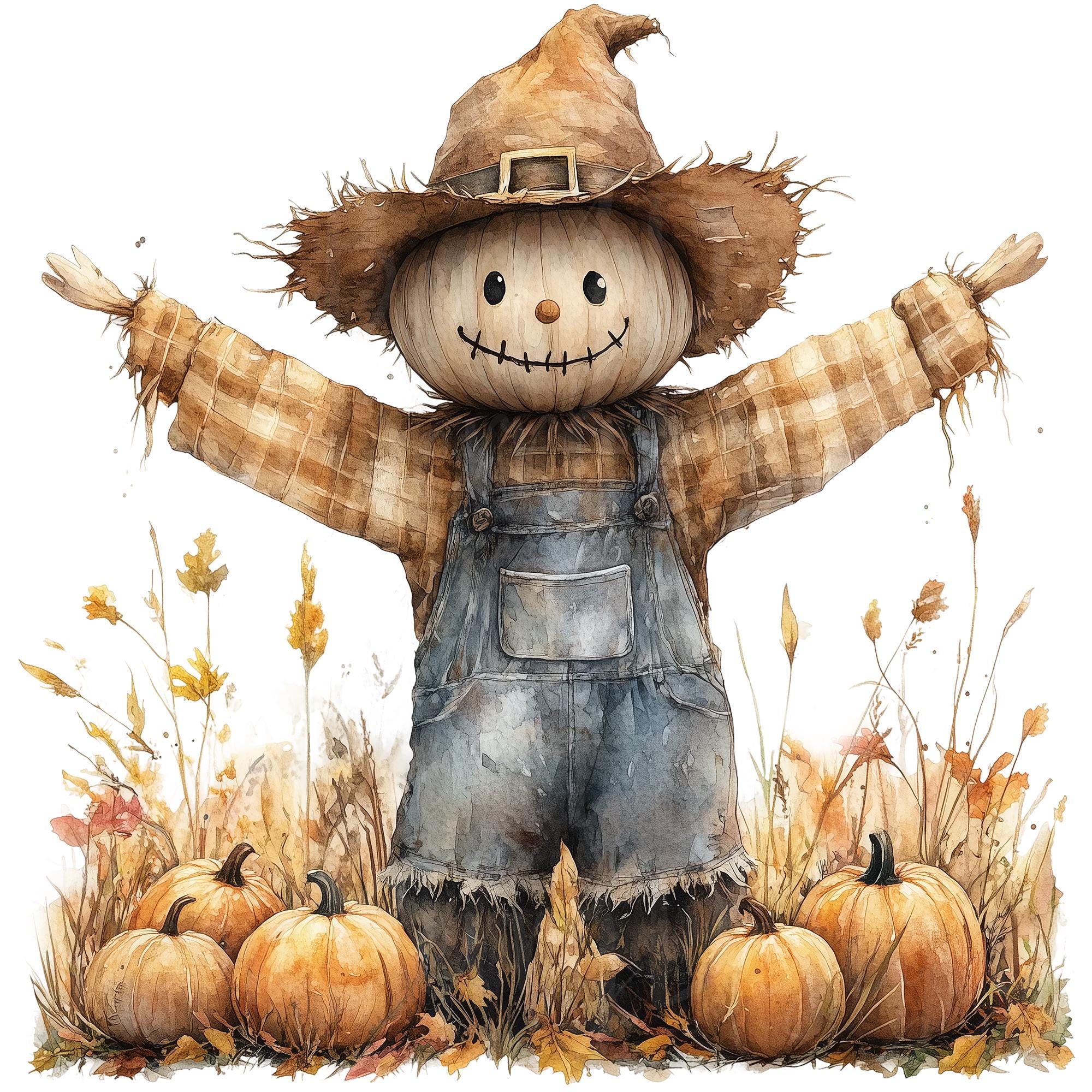 Scarecrow Clipart, Set of 10 PNG Bundle, Fall Halloween Watercolor Clip ...