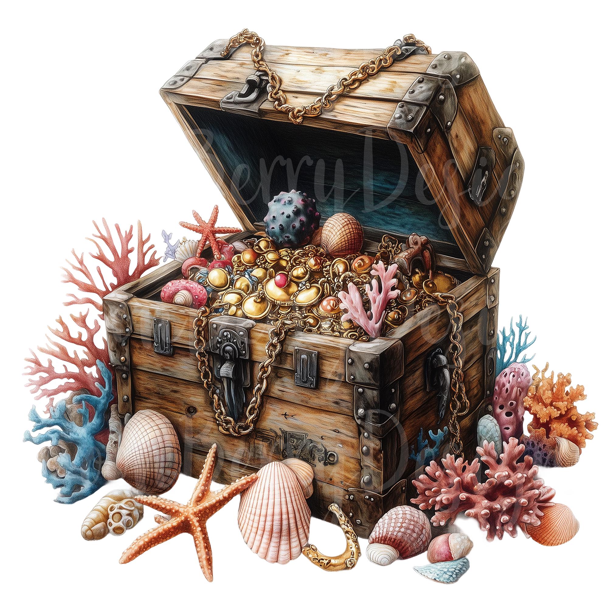 Treasure Chest Clipart, Set of 16 PNG Bundle, Watercolor Ocean Nautical ...