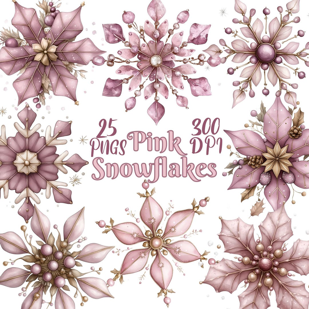 Pink Snowflakes Clipart, Set of 25 PNG Bundle, 300 DPI Clip Art, Winter ...