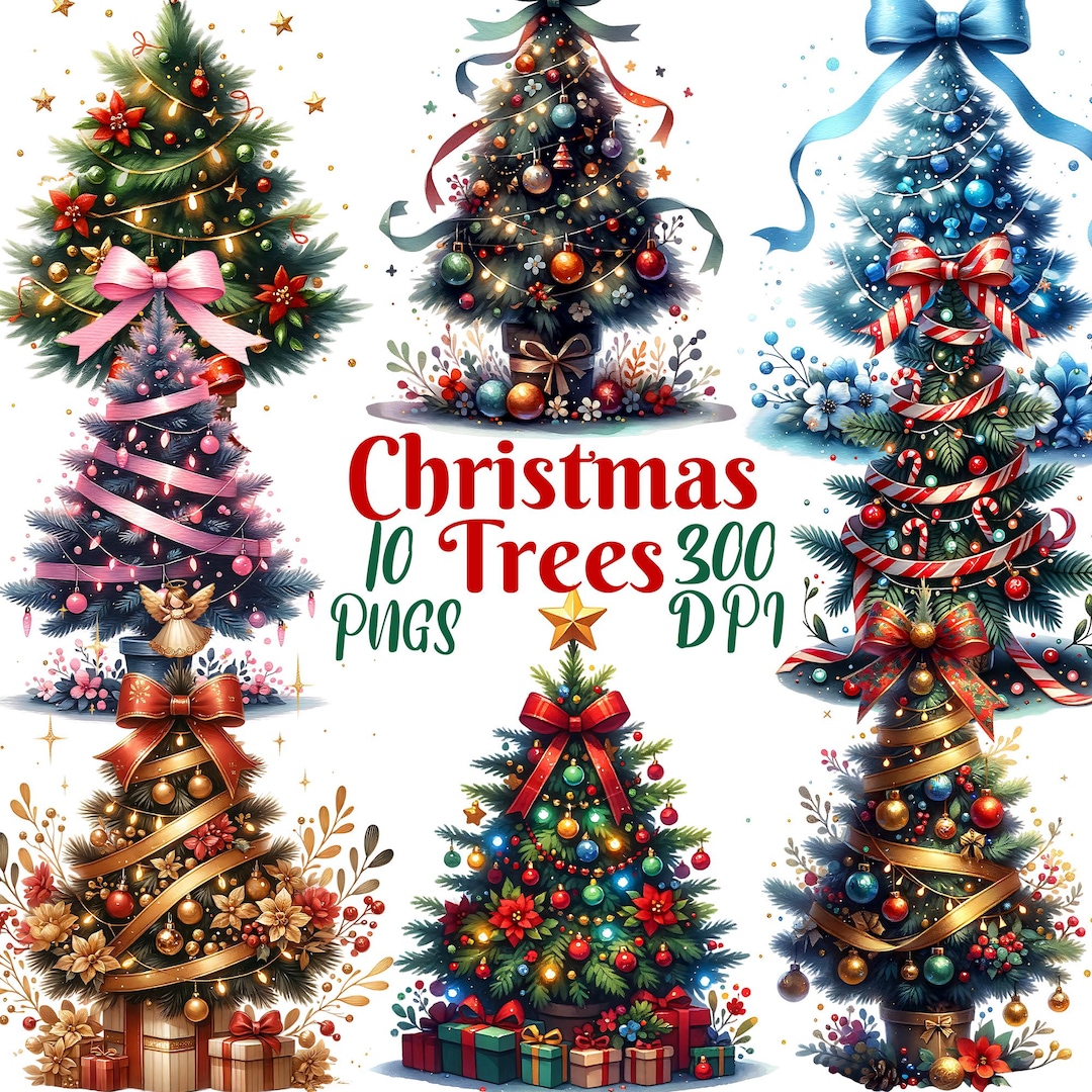 Christmas Tree Clipart, Set of 10 PNG Bundle, 300 DPI Clip Art, Winter ...