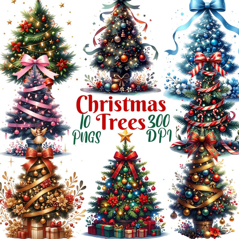 Christmas Tree Clipart, Set of 10 PNG Bundle, 300 DPI Clip Art, Winter ...