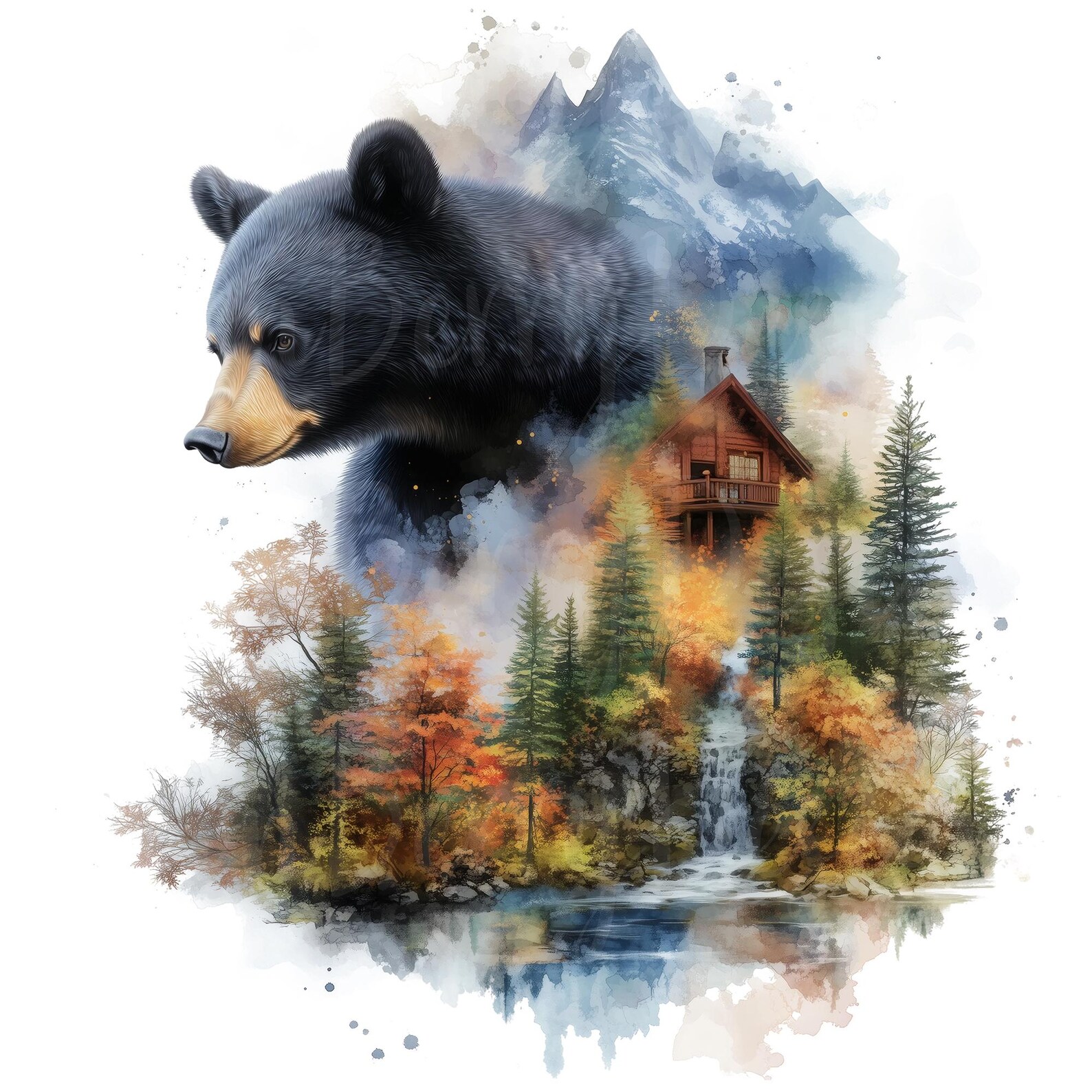 Black Bear Clipart, Set of 23 PNG Watercolor Clip Art Bundle, Pine Tree ...