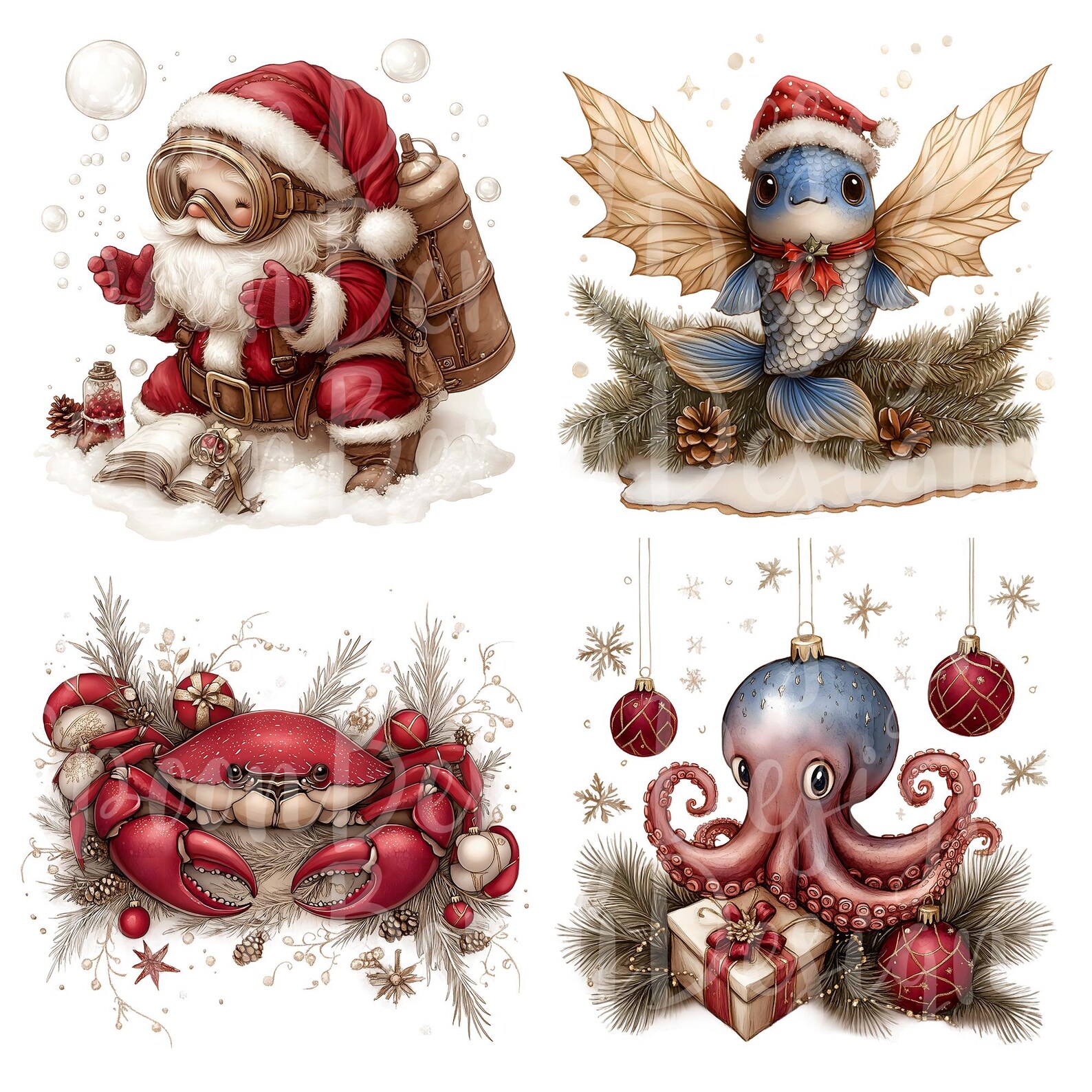 Nautical Christmas Clipart, Set of 25 PNG Bundle 300 DPI Clip Art ...