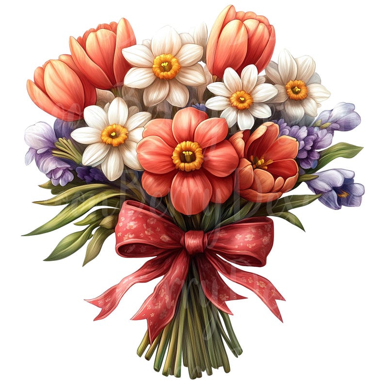 Spring Flower Bouquet Clipart, Set of 15 PNG Bundle, 300 DPI Clip Art ...