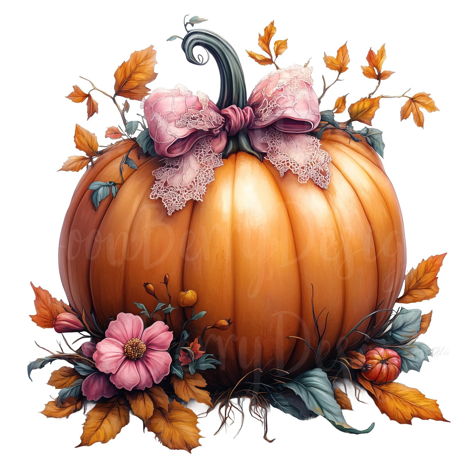 Pink Bow Pumpkin Clip Art, Set of 10 PNG Clipart Bundle, Watercolor ...