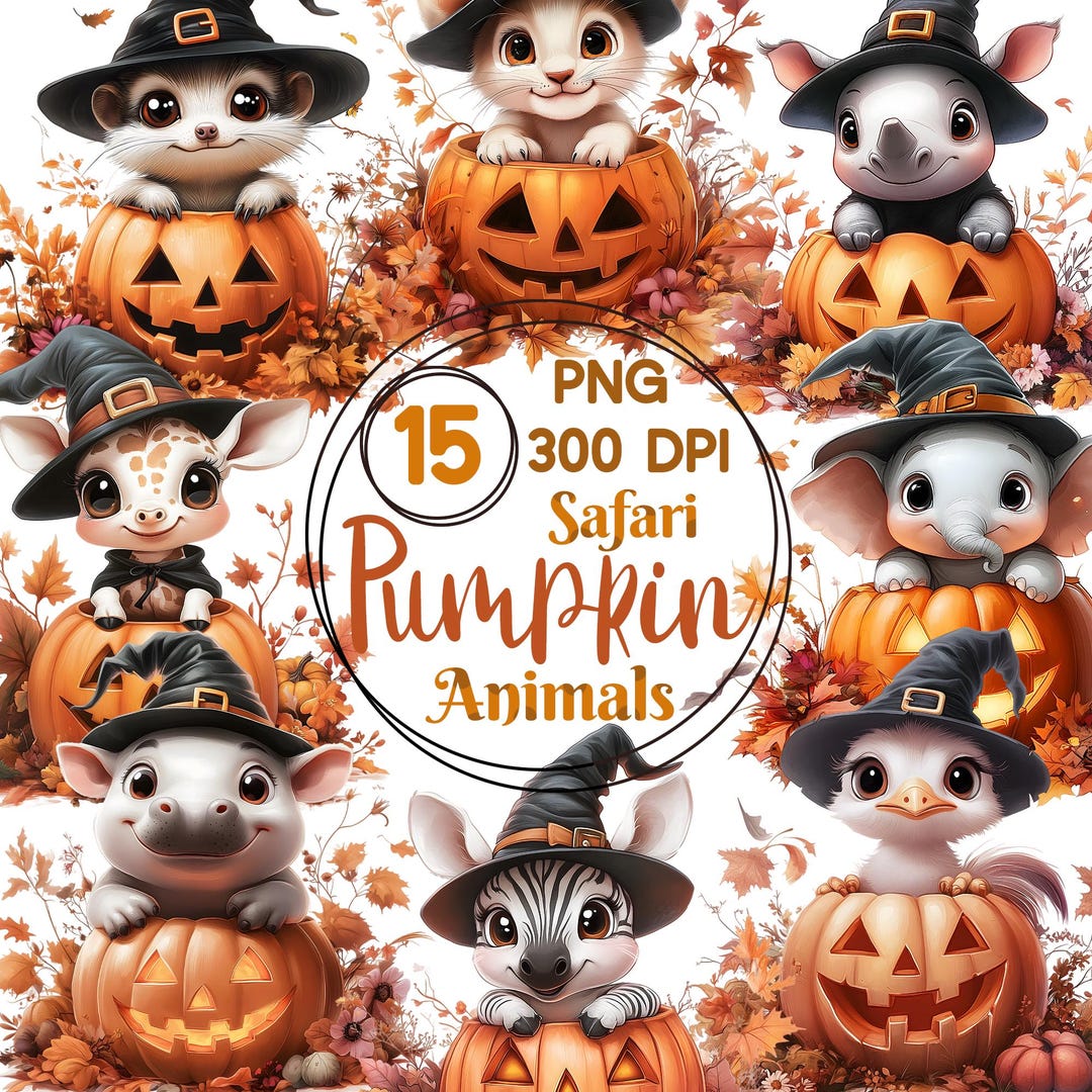 Safari Pumpkin Animals Clip Art, Set of 15 PNG Bundle, 300 DPI Clipart ...