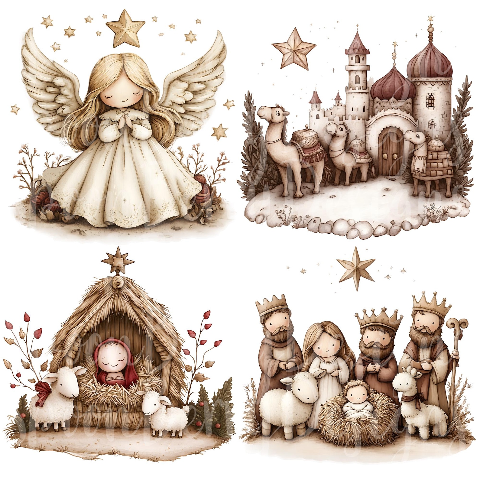Nativity Clipart, Set of 24 PNG Bundle, 300 DPI Clip Art, Watercolor ...