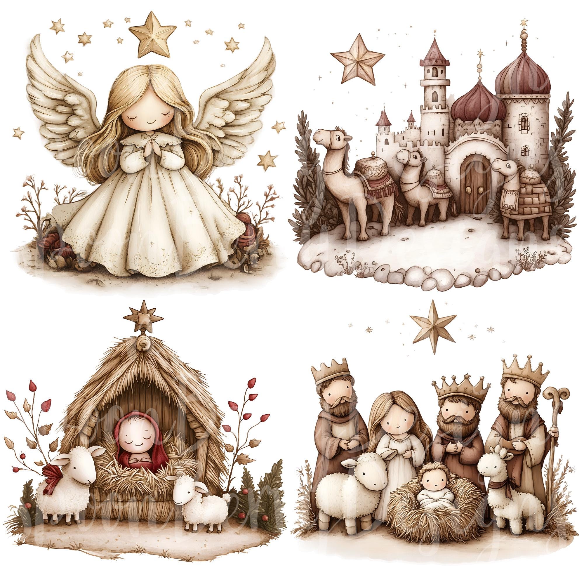 Nativity Clipart, Set of 24 PNG Bundle, 300 DPI Clip Art, Watercolor ...