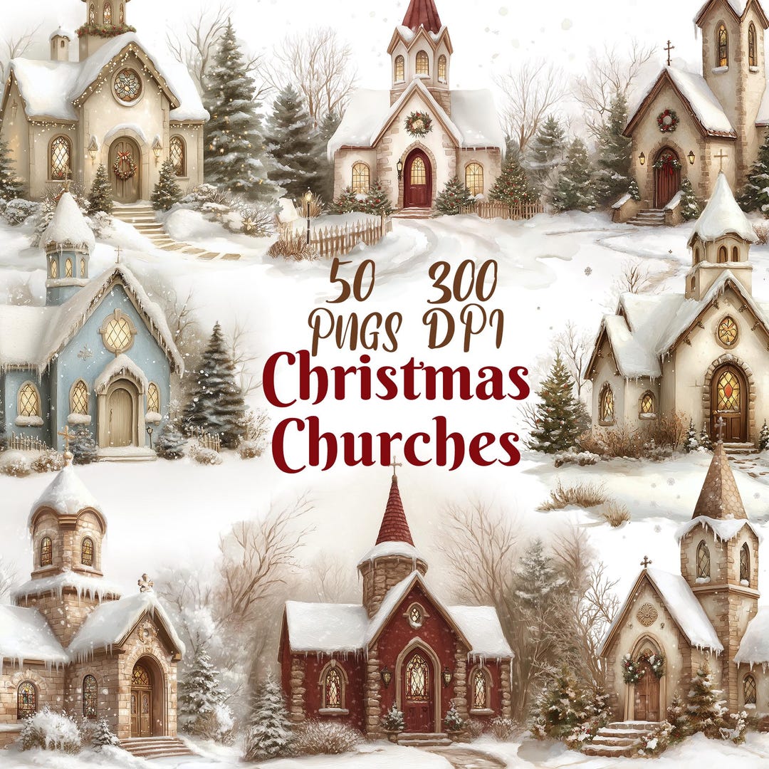 Christmas Church Clipart, Set of 50 PNG Bundle, 300 DPI Clip Art ...