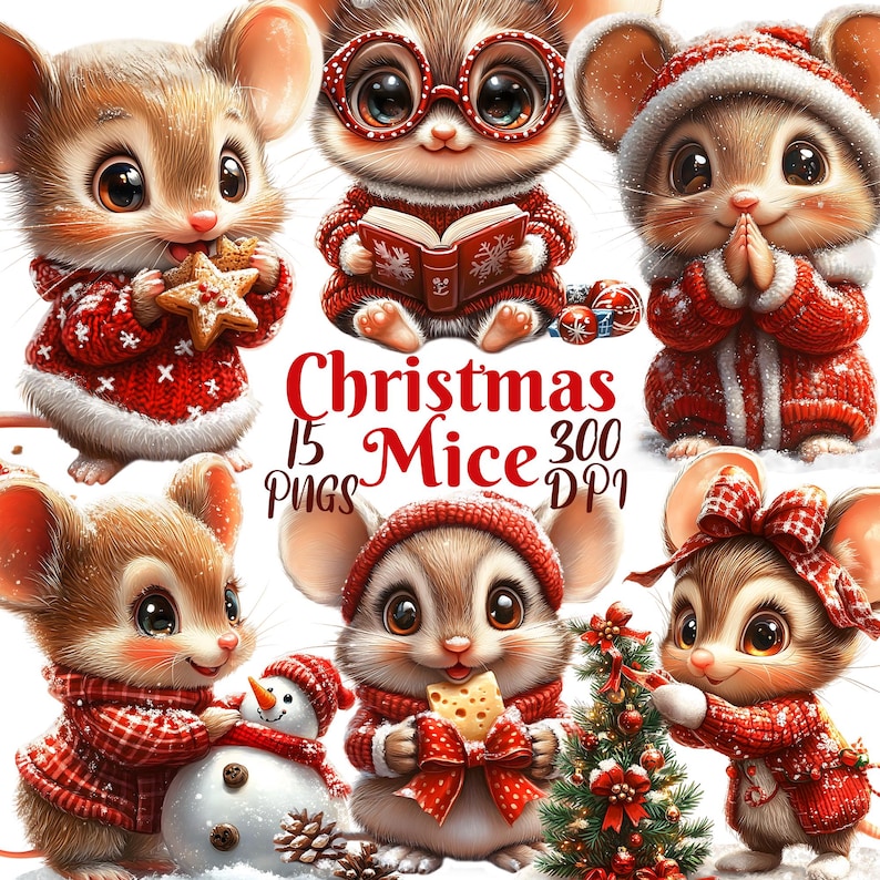 Christmas Mice Clipart, Set of 15 PNG Bundle, 300 DPI Clip Art ...