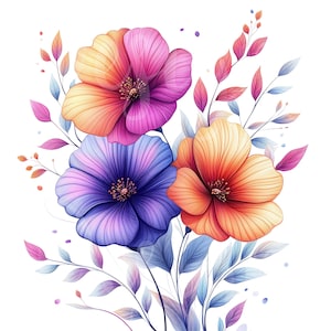 Flowers Clipart, Set of 10 PNG Bundle, 300 DPI Clip Art, Green Purple ...