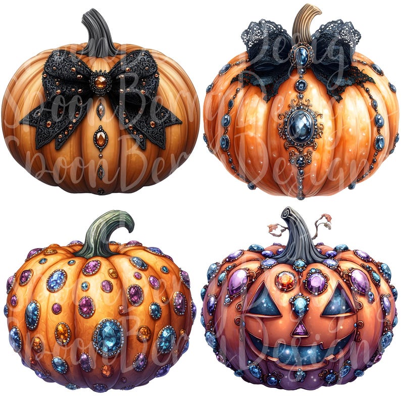 Jeweled Pumpkin Clipart, Set of 16 PNG Bundle, 300 DPI Clip Art, Fall ...