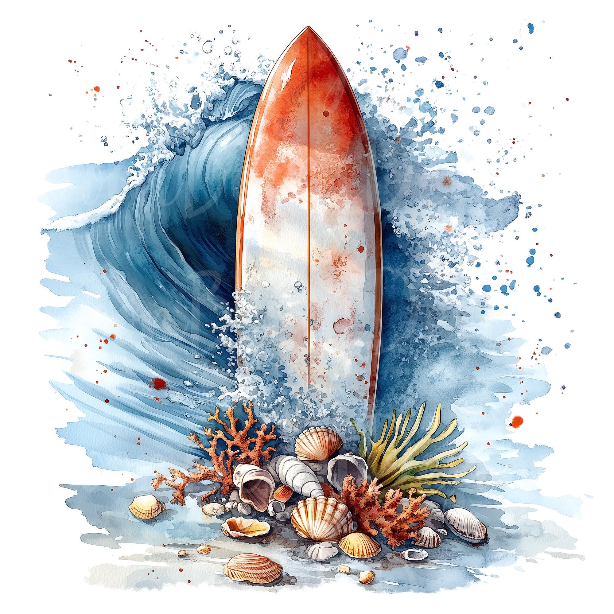 Surfboard Clipart, Set of 16 PNG Bundle, Watercolor Ocean Wave Sand ...