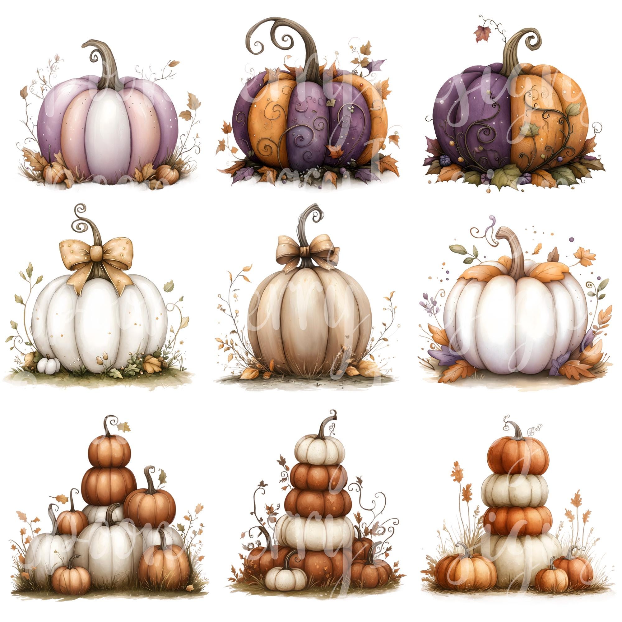 Pumpkin Clip Art, Set of 50 PNG Bundle, 300 DPI Clipart, Fall Harvest ...