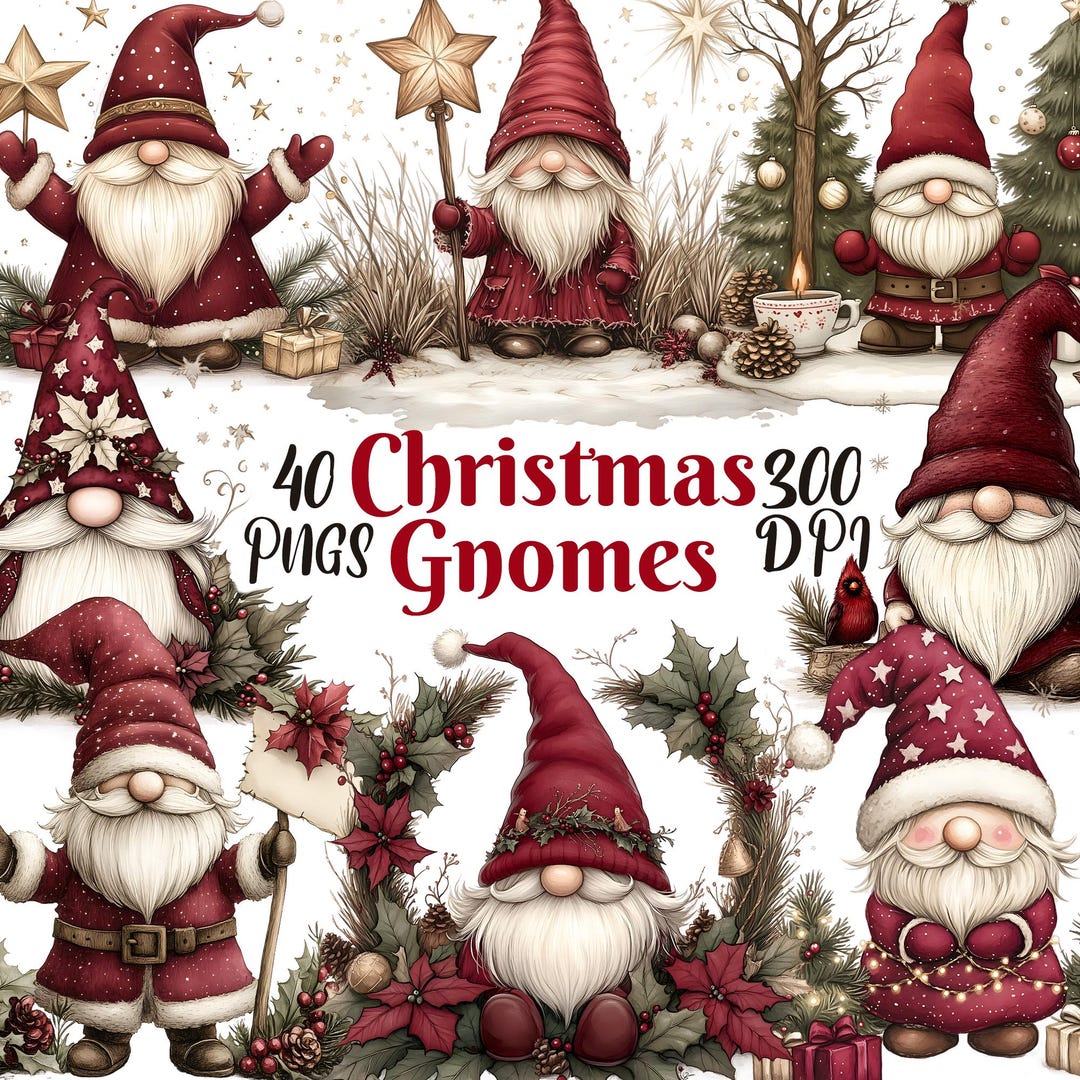 Christmas Gnome Clipart, Set of 40 PNG Bundle, 300 DPI Clip Art ...