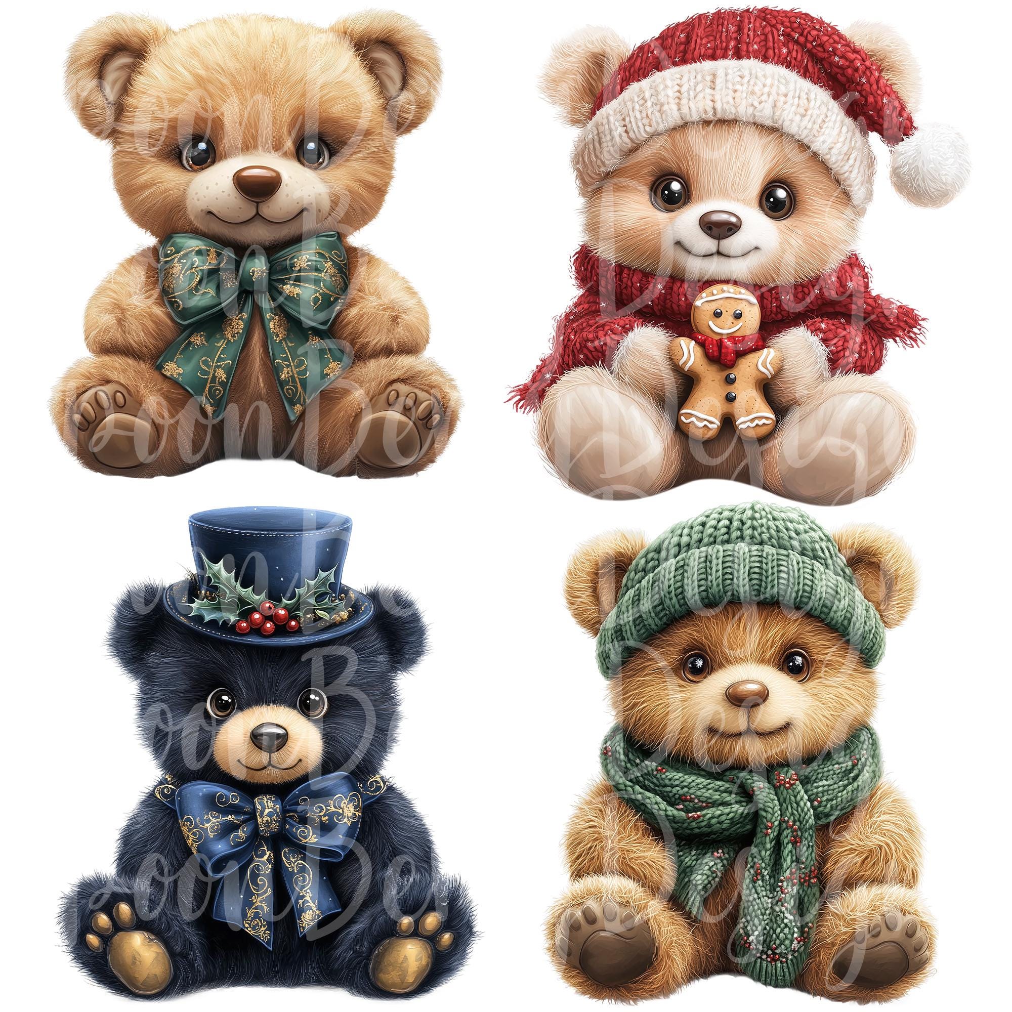 Christmas Teddy Bear Clipart, Set of 16 PNG Bundle, 300 DPI Clip Art ...