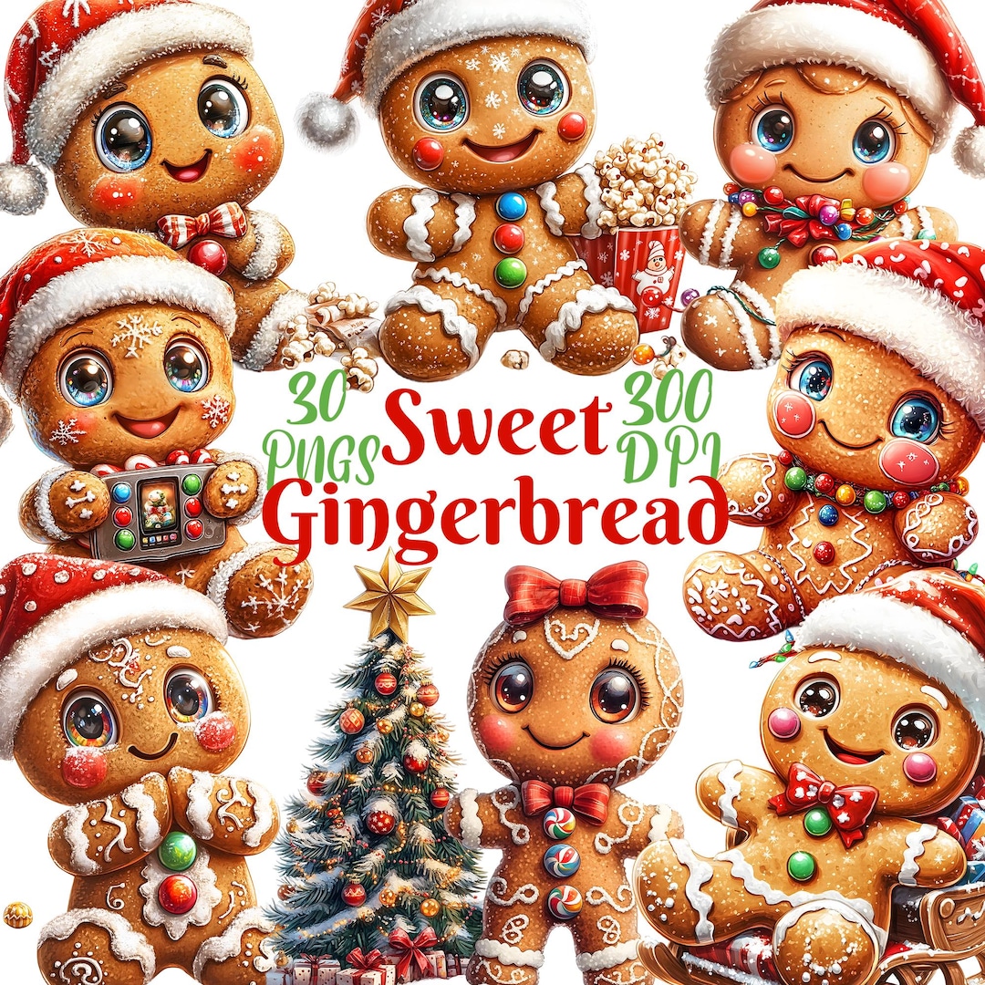 Gingerbread Clipart, Set of 30 PNG Bundle, 300 DPI Clip Art, Winter ...