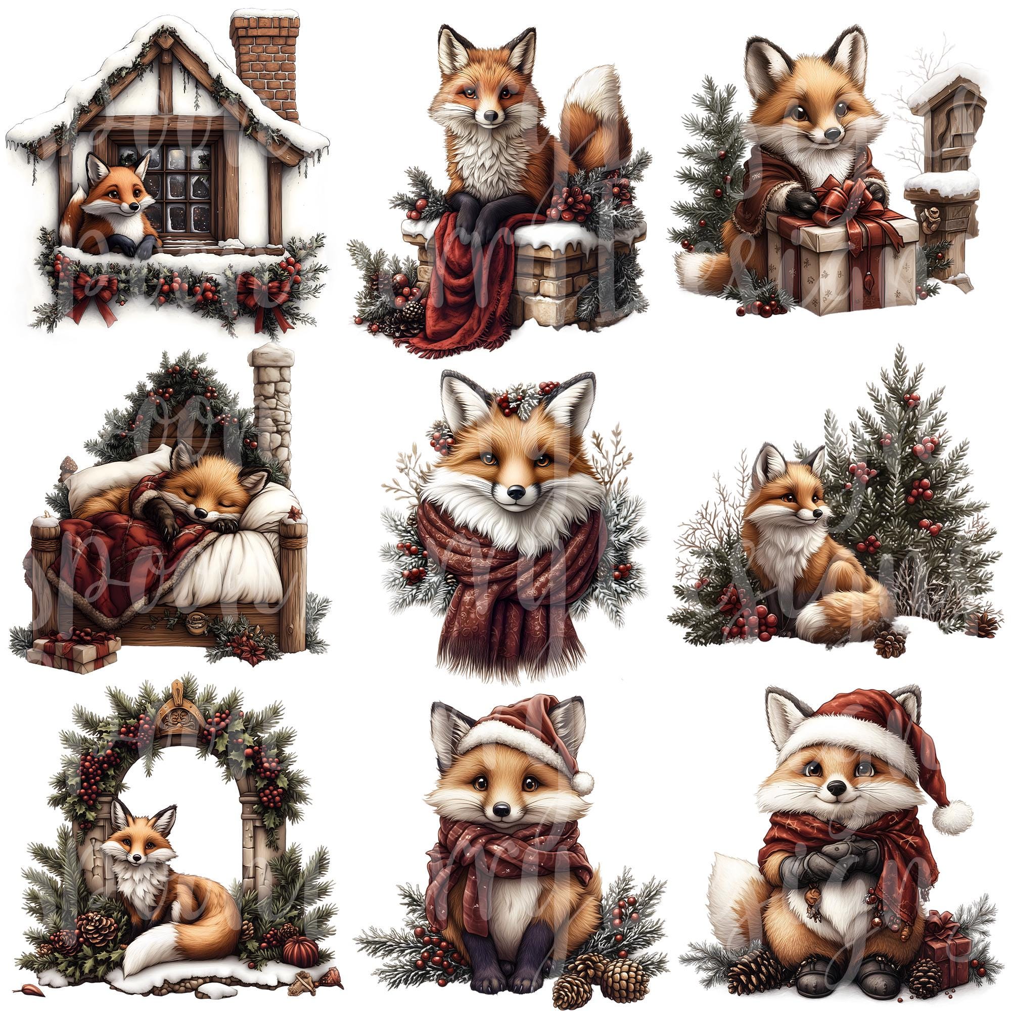 Christmas Fox Clipart, Set of 23 PNG Bundle, 300 DPI Clip Art, Winter ...