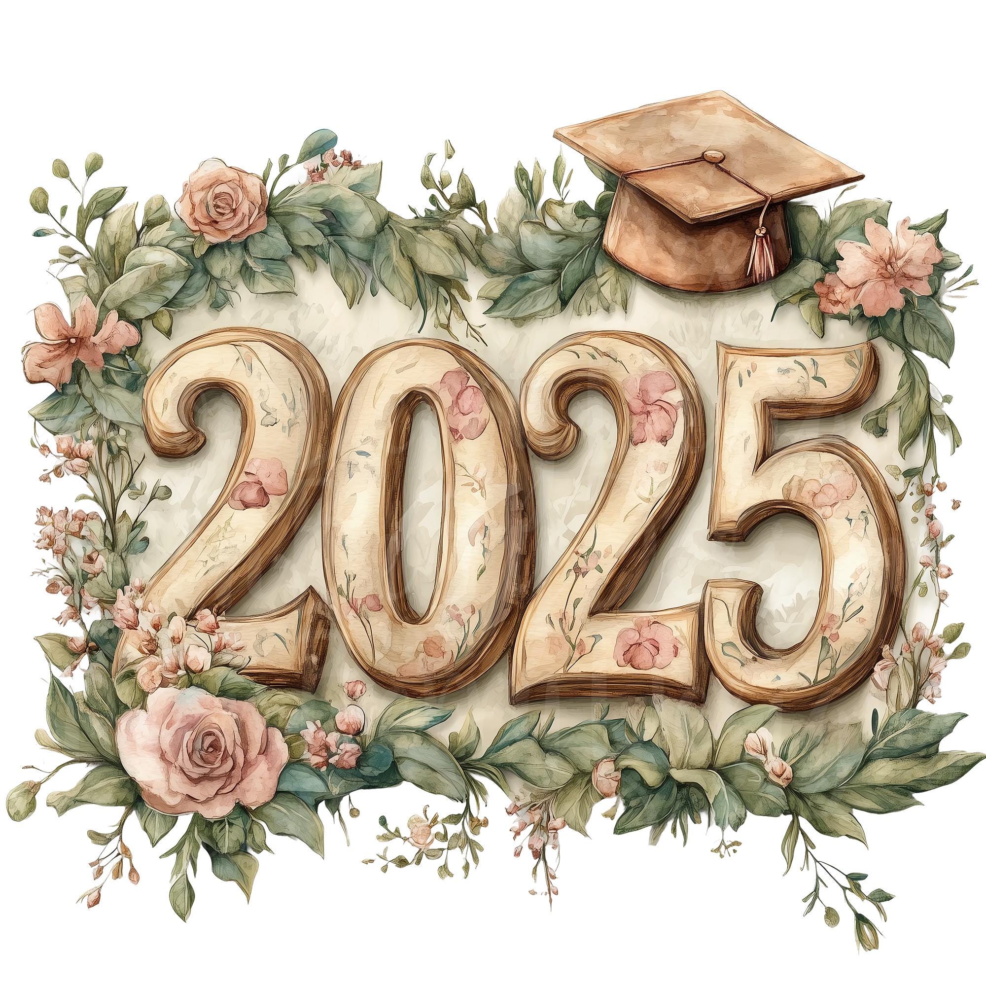Graduation 2025 Clipart, Set of 10 PNG Bundle, 300 DPI Floral ...