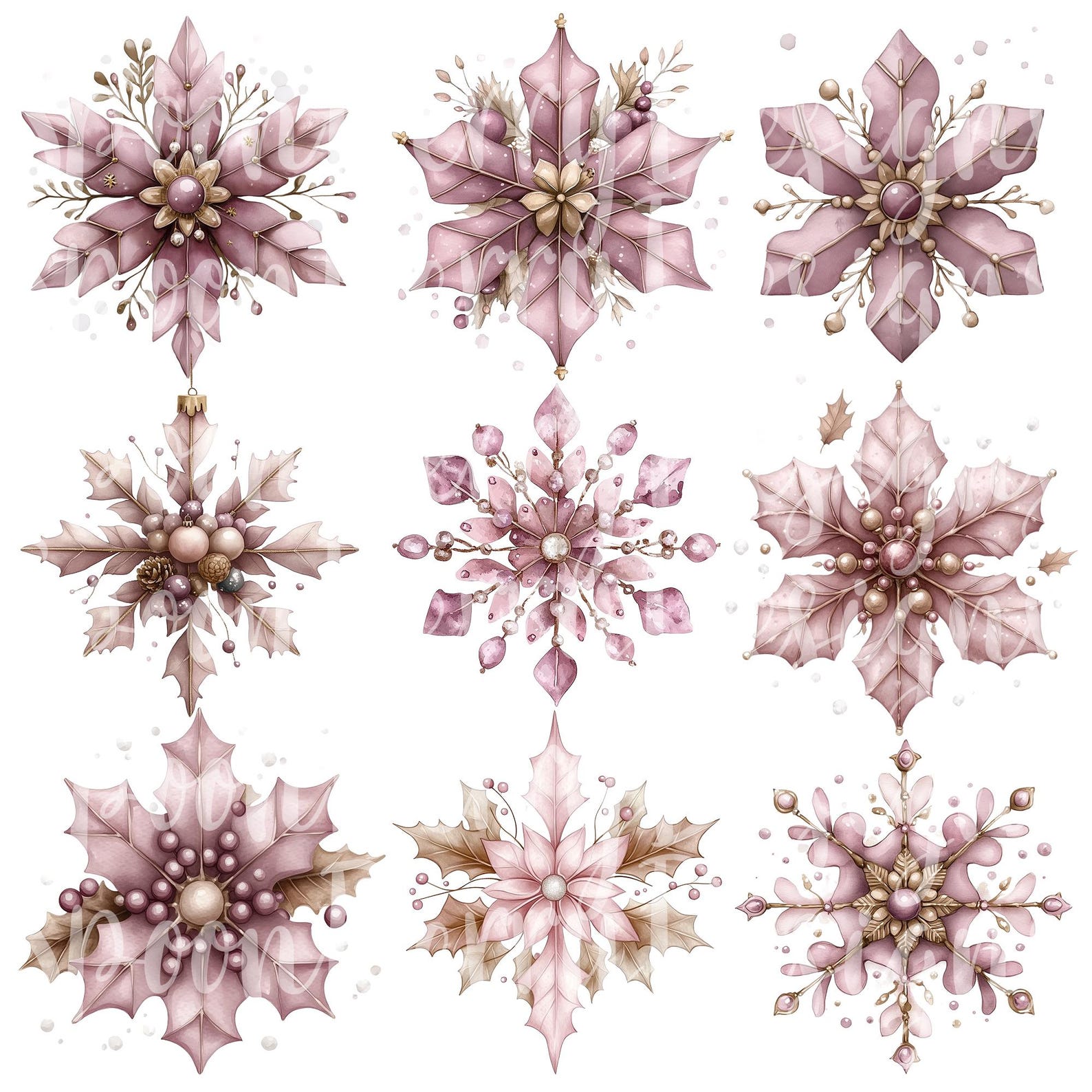 Pink Snowflakes Clipart, Set of 25 PNG Bundle, 300 DPI Clip Art, Winter ...