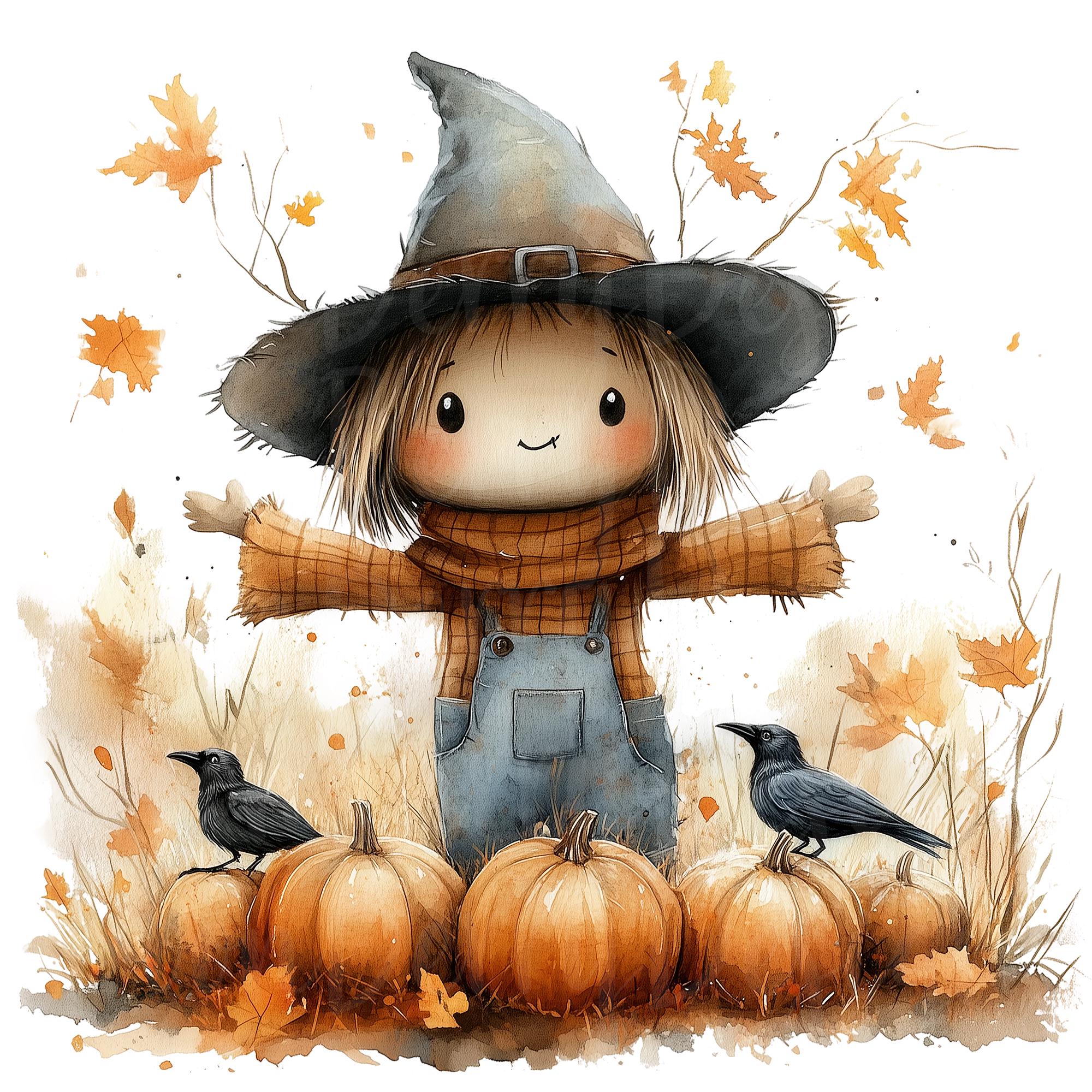 Scarecrow Clipart, Set of 10 PNG Bundle, Fall Halloween Watercolor Clip ...