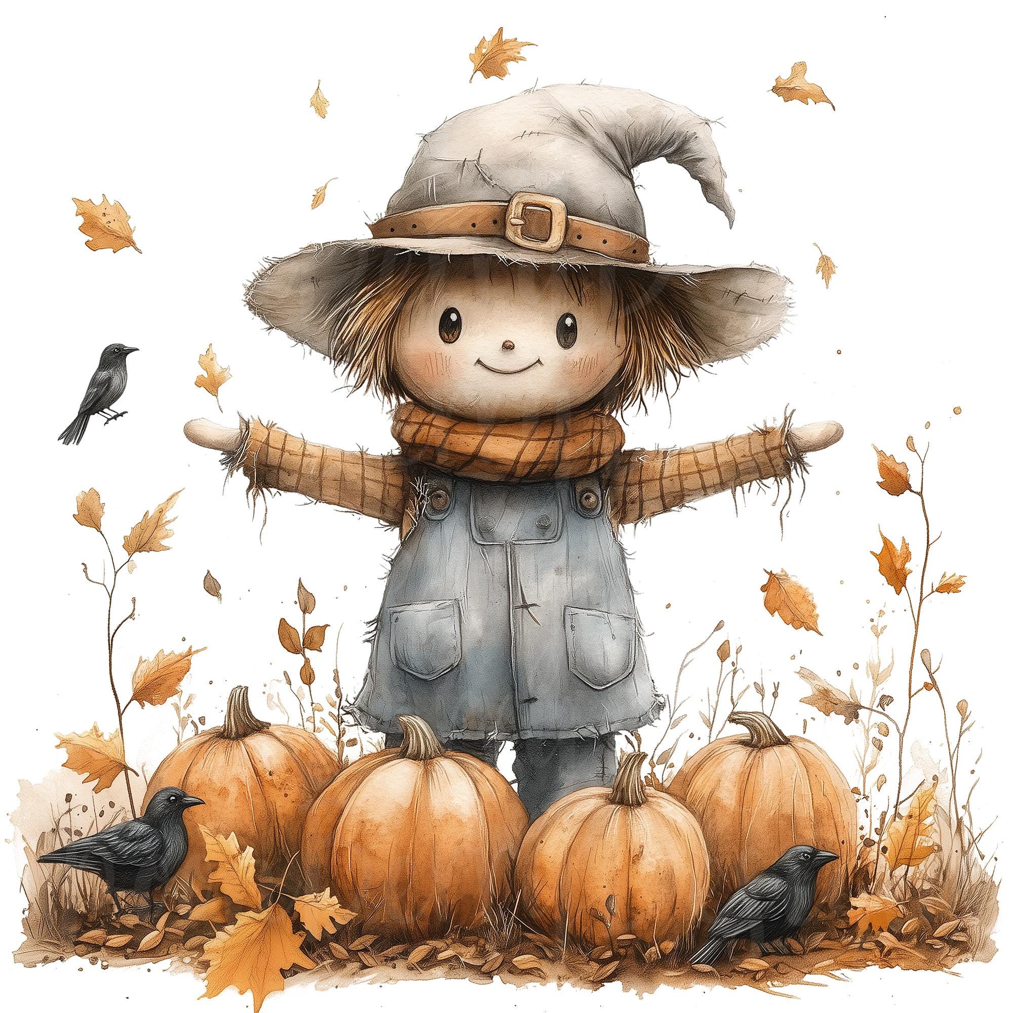 Scarecrow Clipart, Set of 10 PNG Bundle, Fall Halloween Watercolor Clip ...