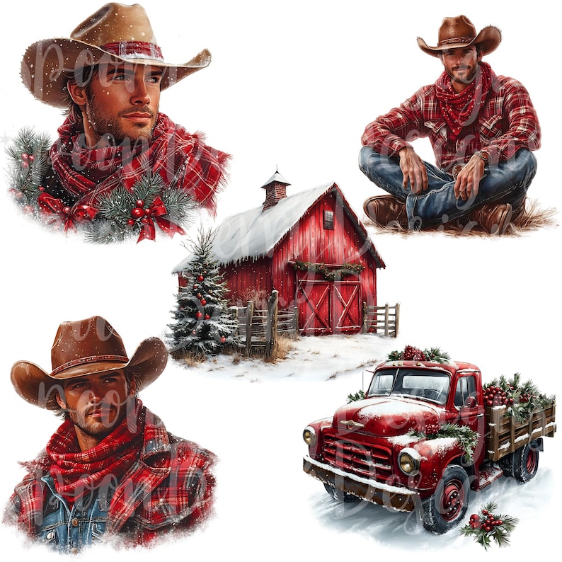 Christmas Cowboy Clipart, Set of 21 PNG Bundle, 300 DPI Clip Art ...