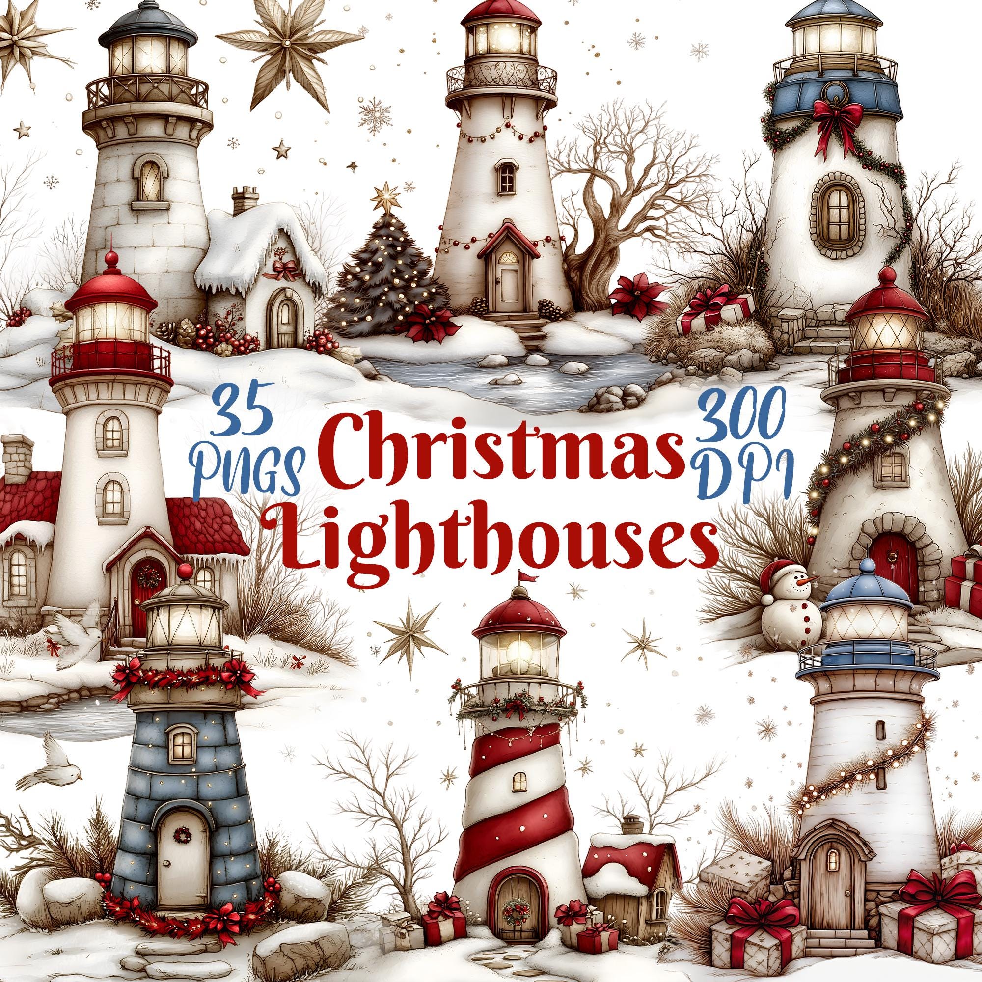 Christmas Lighthouse Clipart, Set of 35 PNG Bundle, 300 DPI Clip Art ...