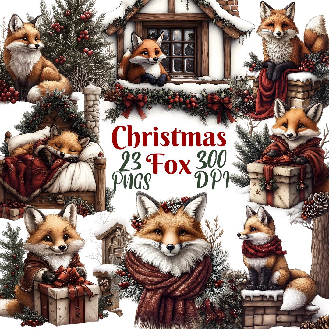 Christmas Fox Clipart, Set of 23 PNG Bundle, 300 DPI Clip Art, Winter ...