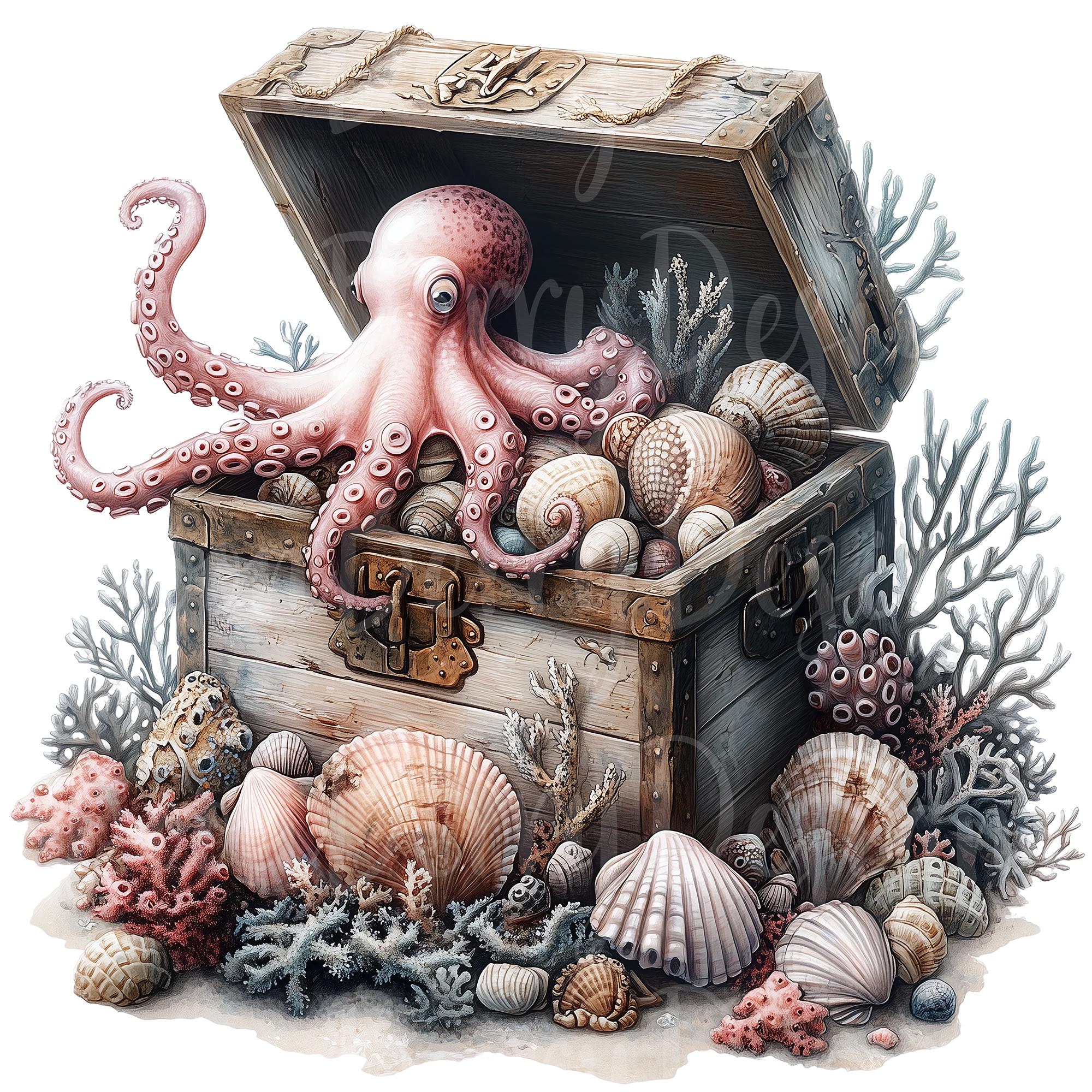 Treasure Chest Clipart, Set of 16 PNG Bundle, Watercolor Ocean Nautical ...